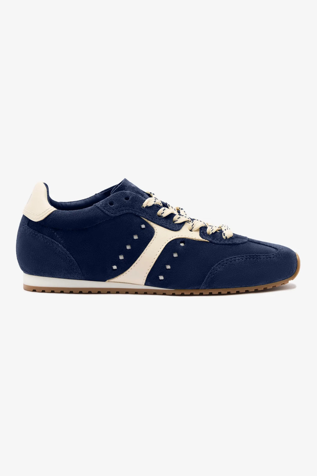Stella Sneaker In Navy Suede and Ivory Leather – Larroude