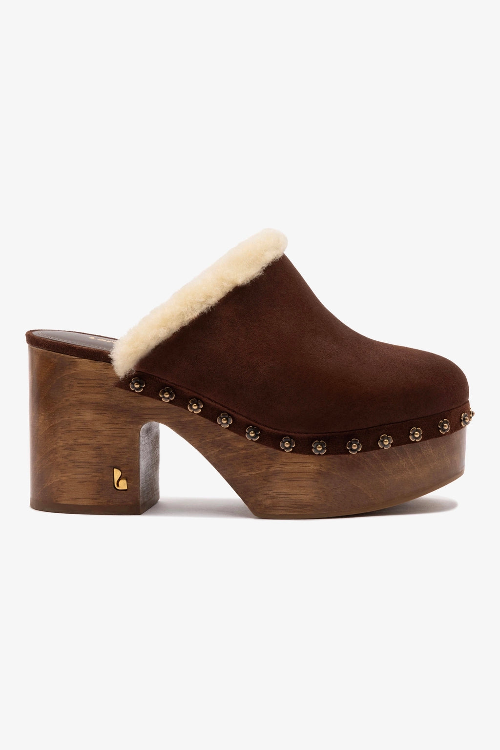 Miso Wooden Platform Clog In Brown Suede And Natural Shearling – Larroude