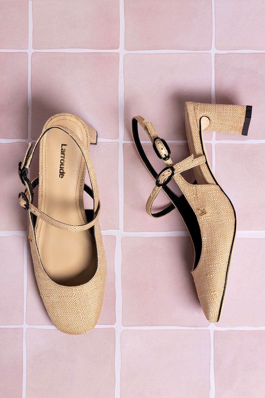 Georgina Pump In Beige Raffia and Black Trimming - Pumps - Larroudé – Larroude